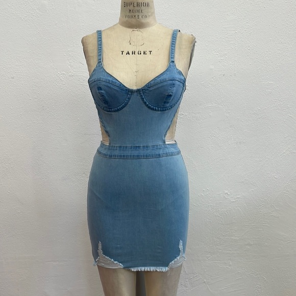 Dresses | Cut Out Stretch Denim Distressed Mini Dress | Poshmark